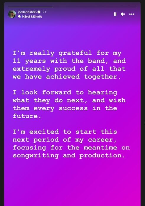 Jordan Fish kommentoi lähtöään Bring Me The Horizonista: "Olen ...